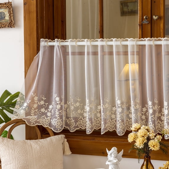 Faty-T Lace Kitchen Tier Curtains, Sheer Scalloped Floral Embroidered ...