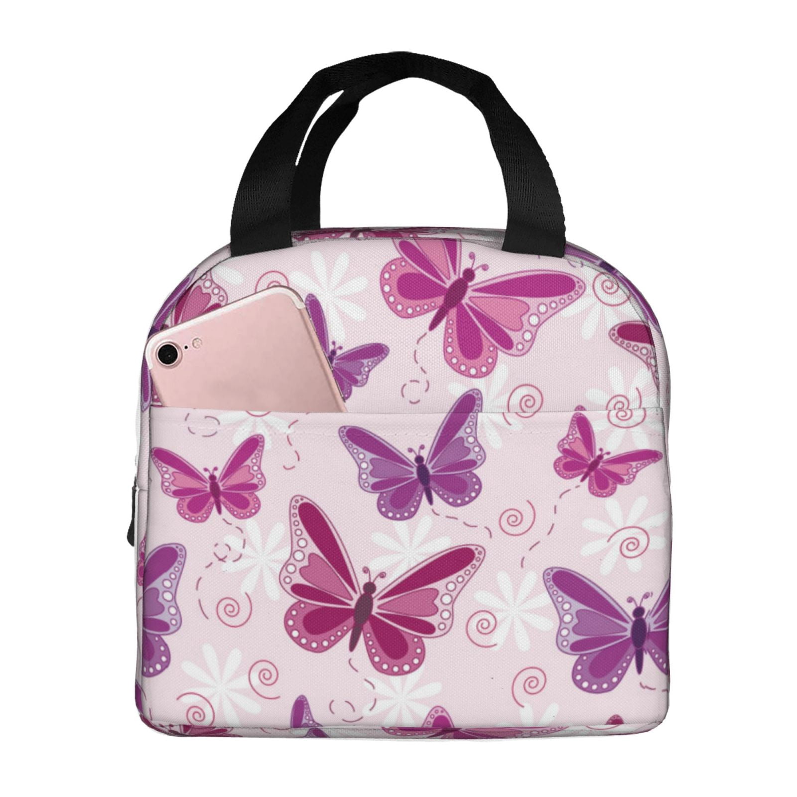 Faty-T Pink Butterfly Print Lunch Bag for Women Men Reusable Insulated ...