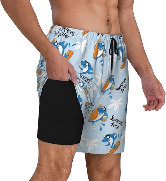 Faty-T Summer Time Funny Sharks Mens Swim Trunks Bathing Suit with Compression Liner Beach Swim ...