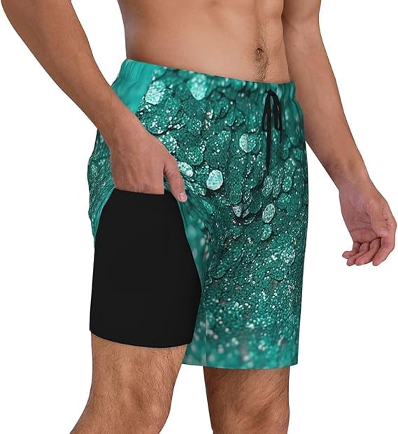 Faty-T Turquoise Glitter Mens Swim Trunks Bathing Suit with Compression ...