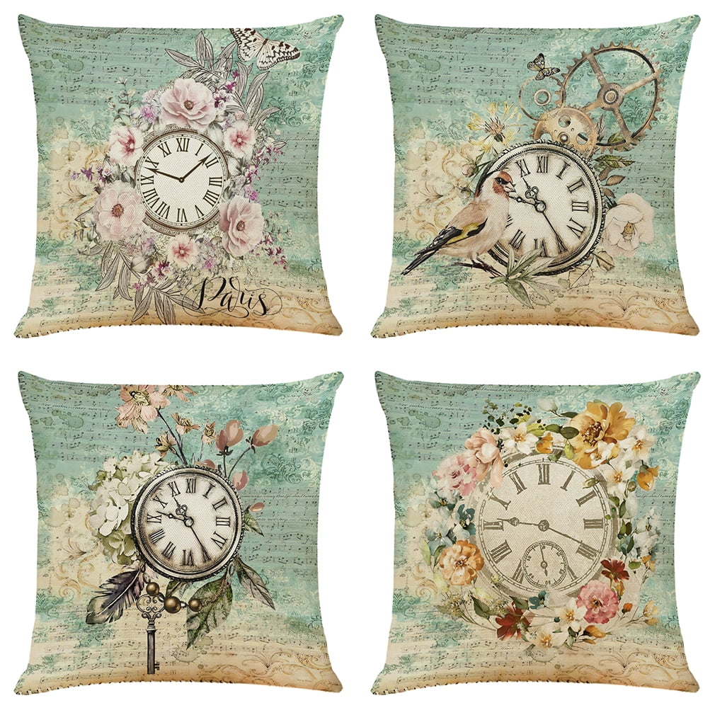 Faty-T Vintage Floral Clock Throw Pillow Covers,Farmhouse 18x18 inch ...