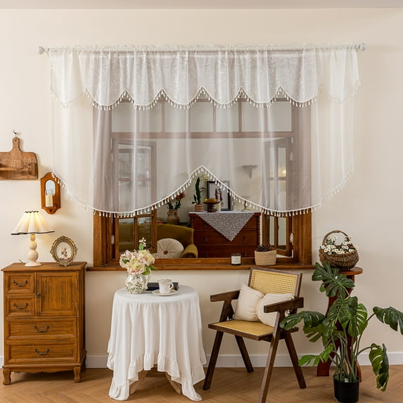 Faty-T White Lace Arched Sheer Curtain Floral Embroidered Swag Curtain ...