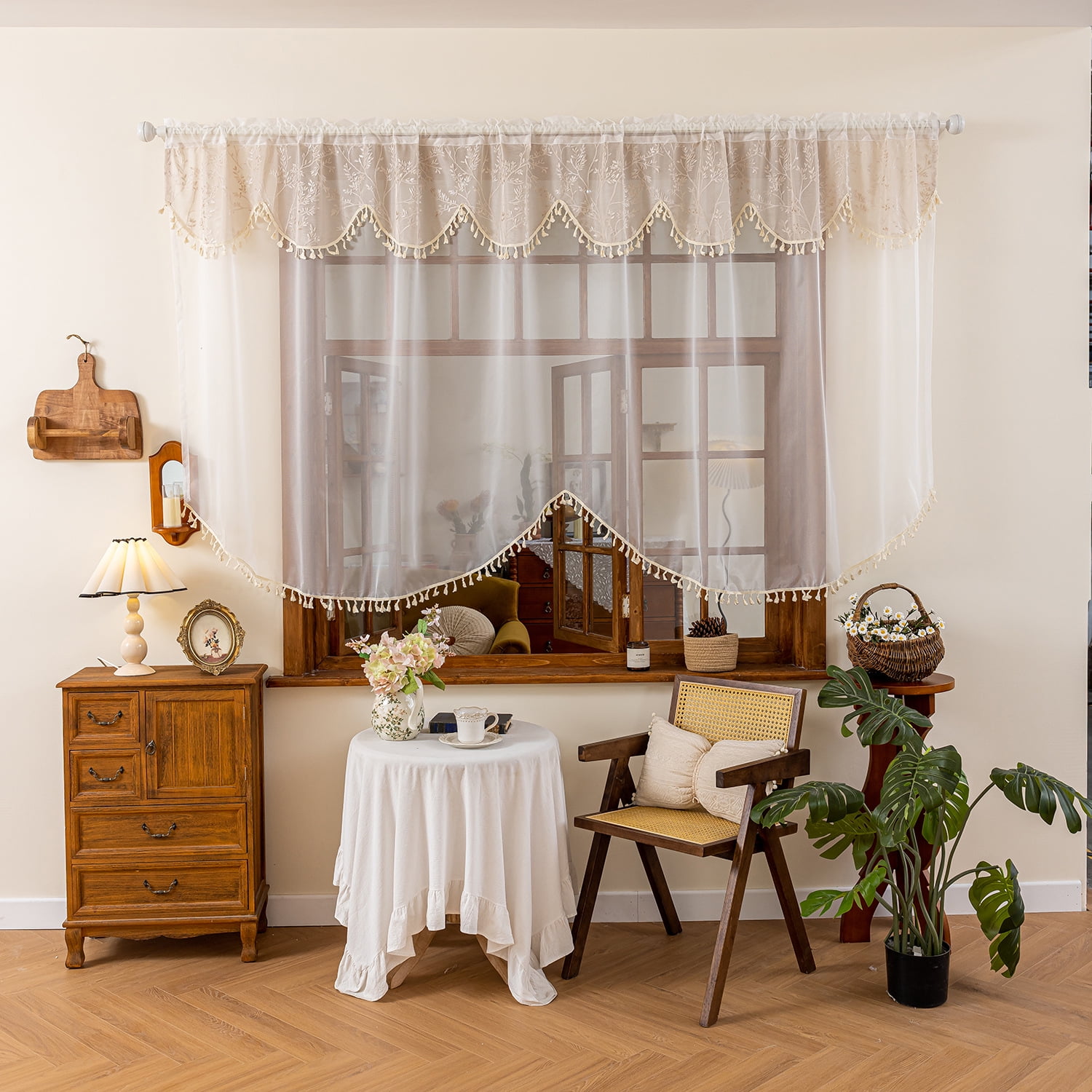 Faty-T White Lace Arched Sheer Curtain Floral Embroidered Swag Curtain ...