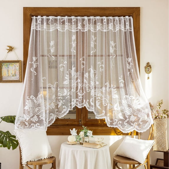 Faty-T White Lace Arched Sheer Curtain Floral Embroidered Swag Curtain ...