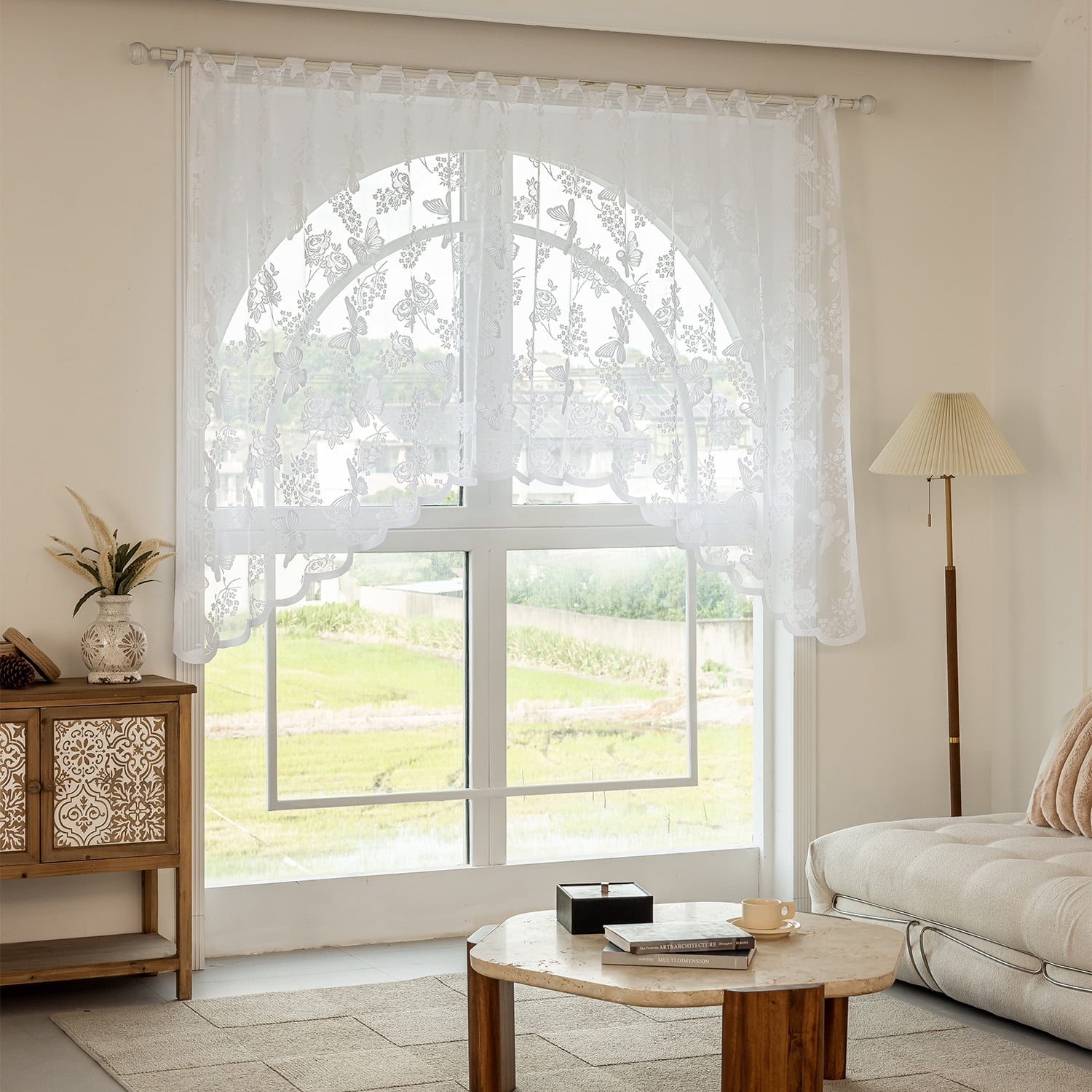 Faty-T White Lace Arched Sheer Curtain Floral Embroidered Swag Curtain ...