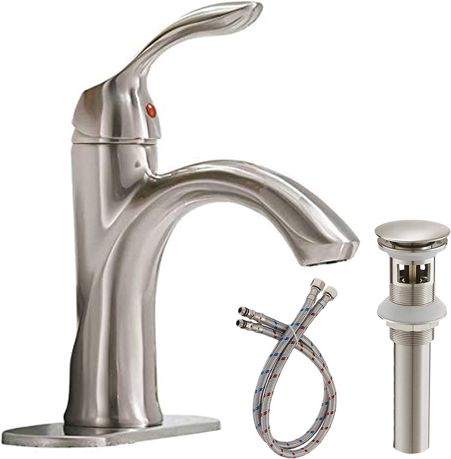 Faucet Brushed Nickel Single Handle One Hole Vanity Satin Sink with Pop ...