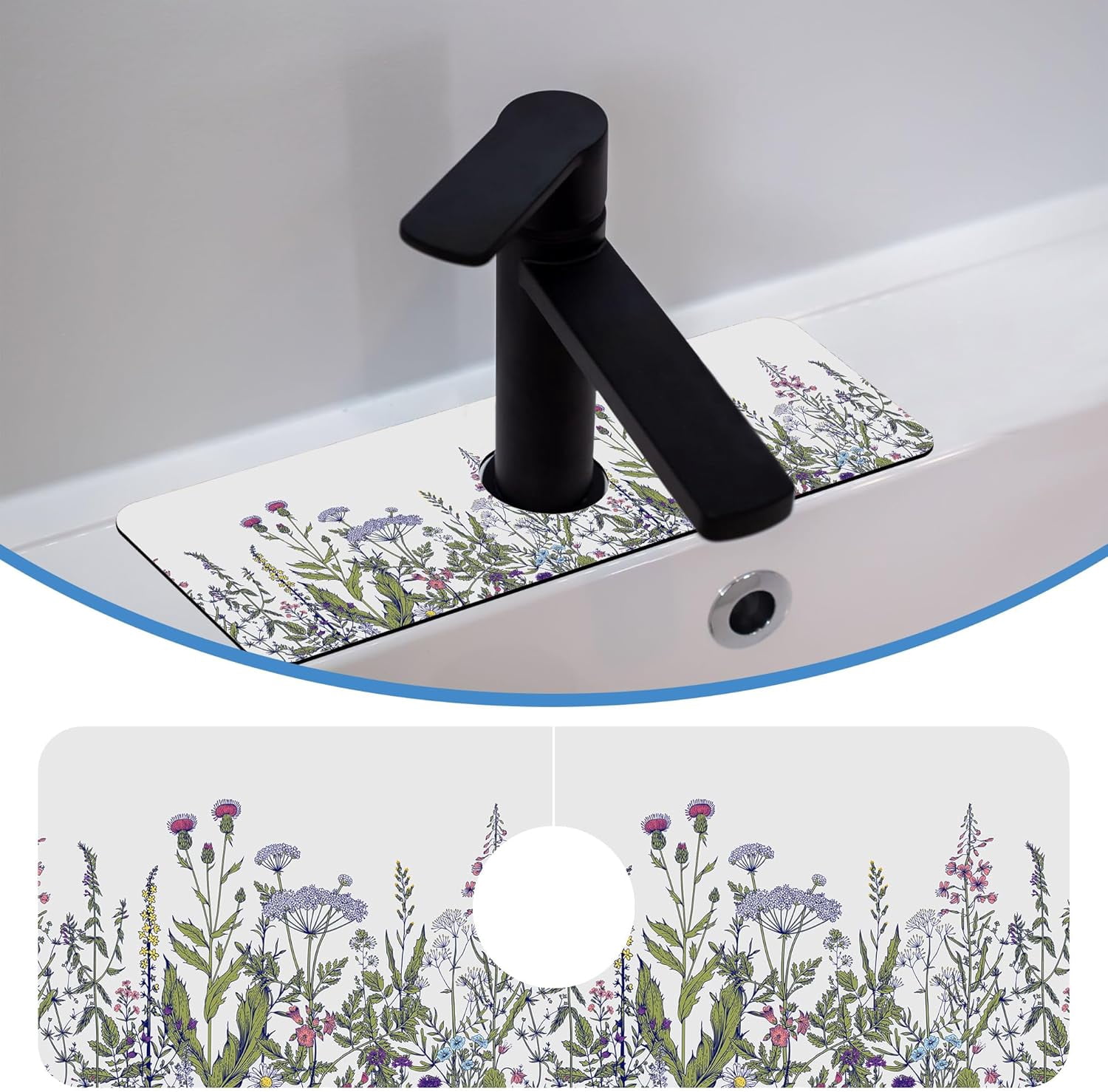 Faucet Mat for Kitchen Sink Botanical Herbs Wild Flower Sink Faucet Mat ...