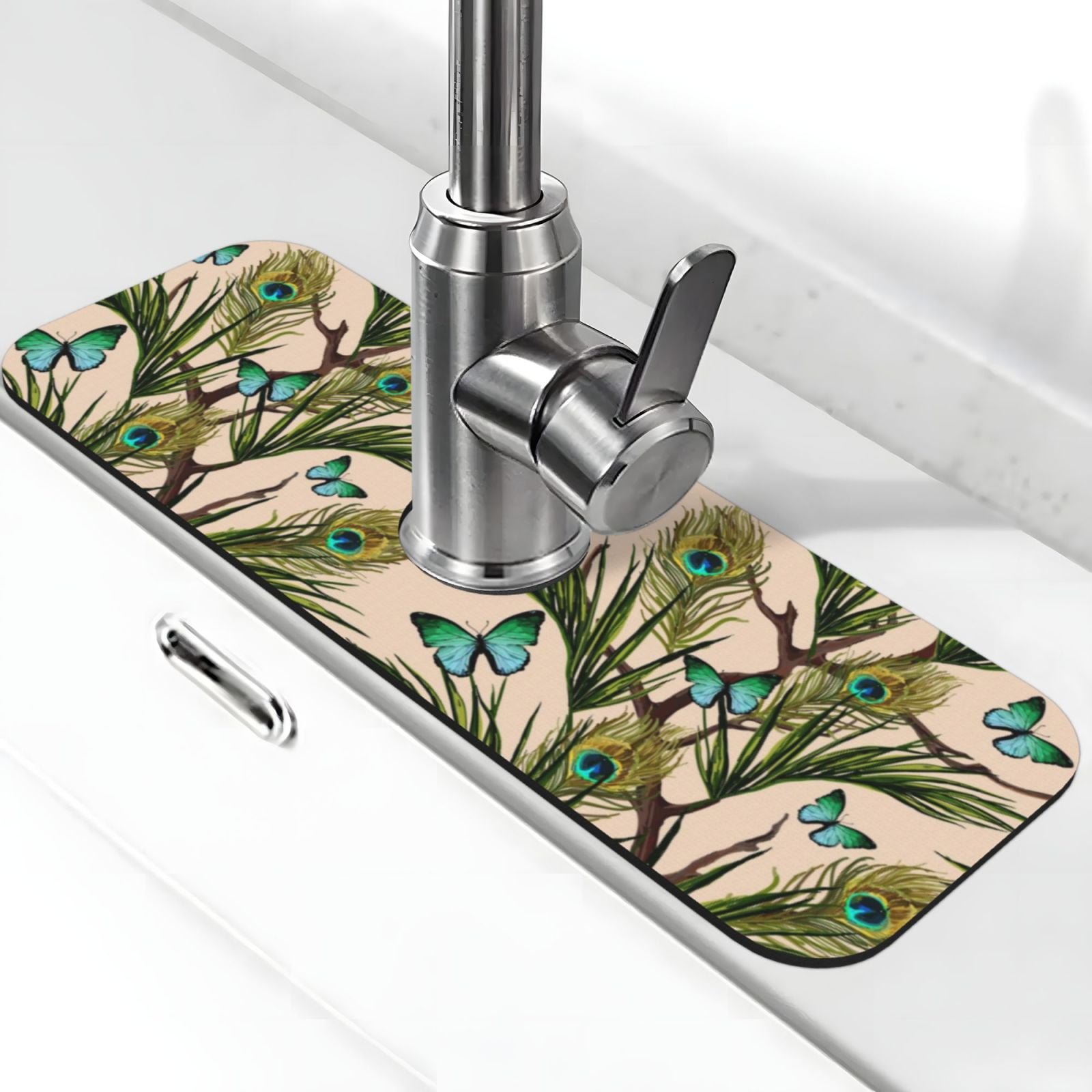 Faucet Mat for Kitchen Sink, Butterflies And Peacock Feathers Cute ...