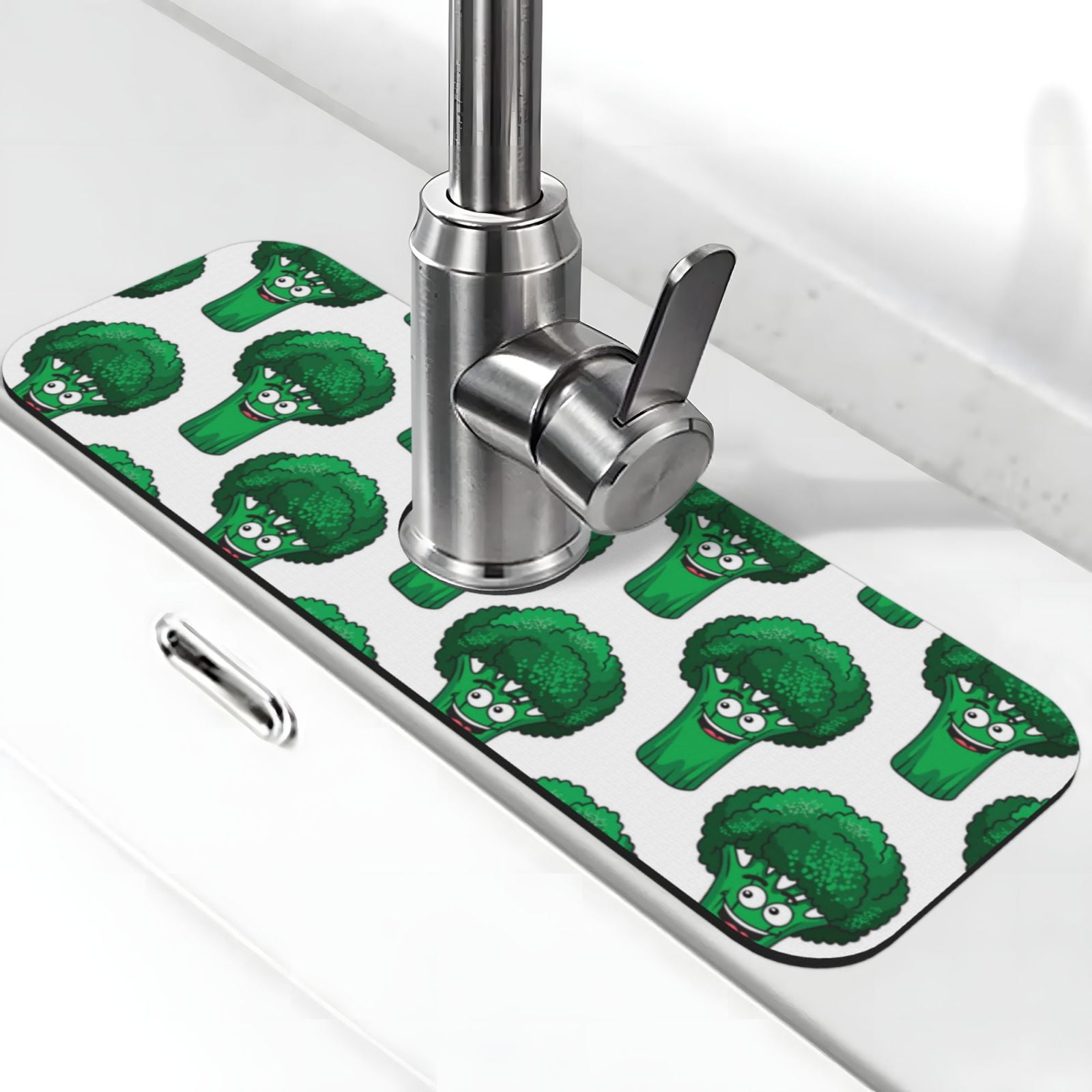 Faucet Mat for Kitchen Sink, Cartoon smiling green broccoli cute Cute ...
