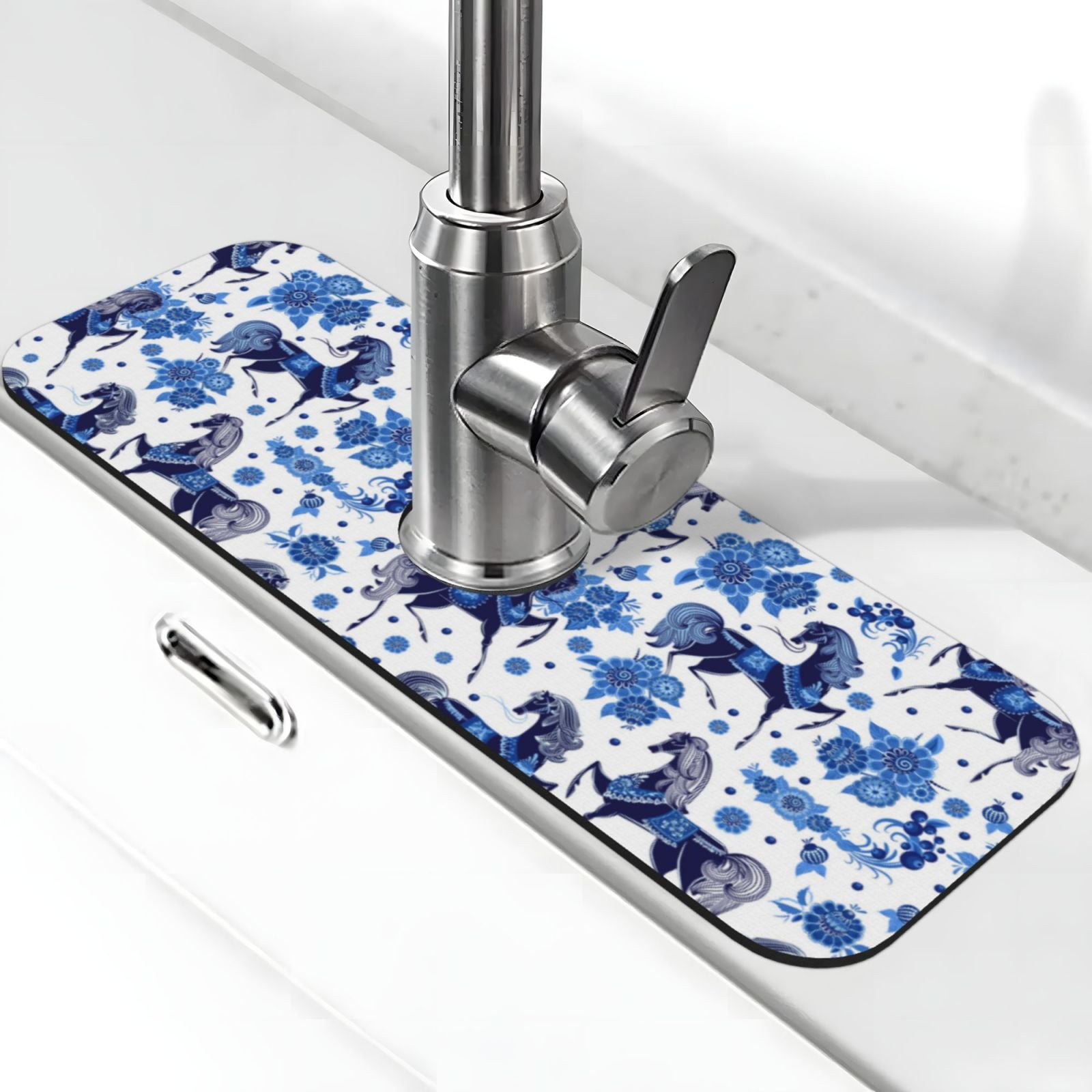 Faucet Mat for Kitchen Sink - Classic Cool Horse Flower Blue Fast ...