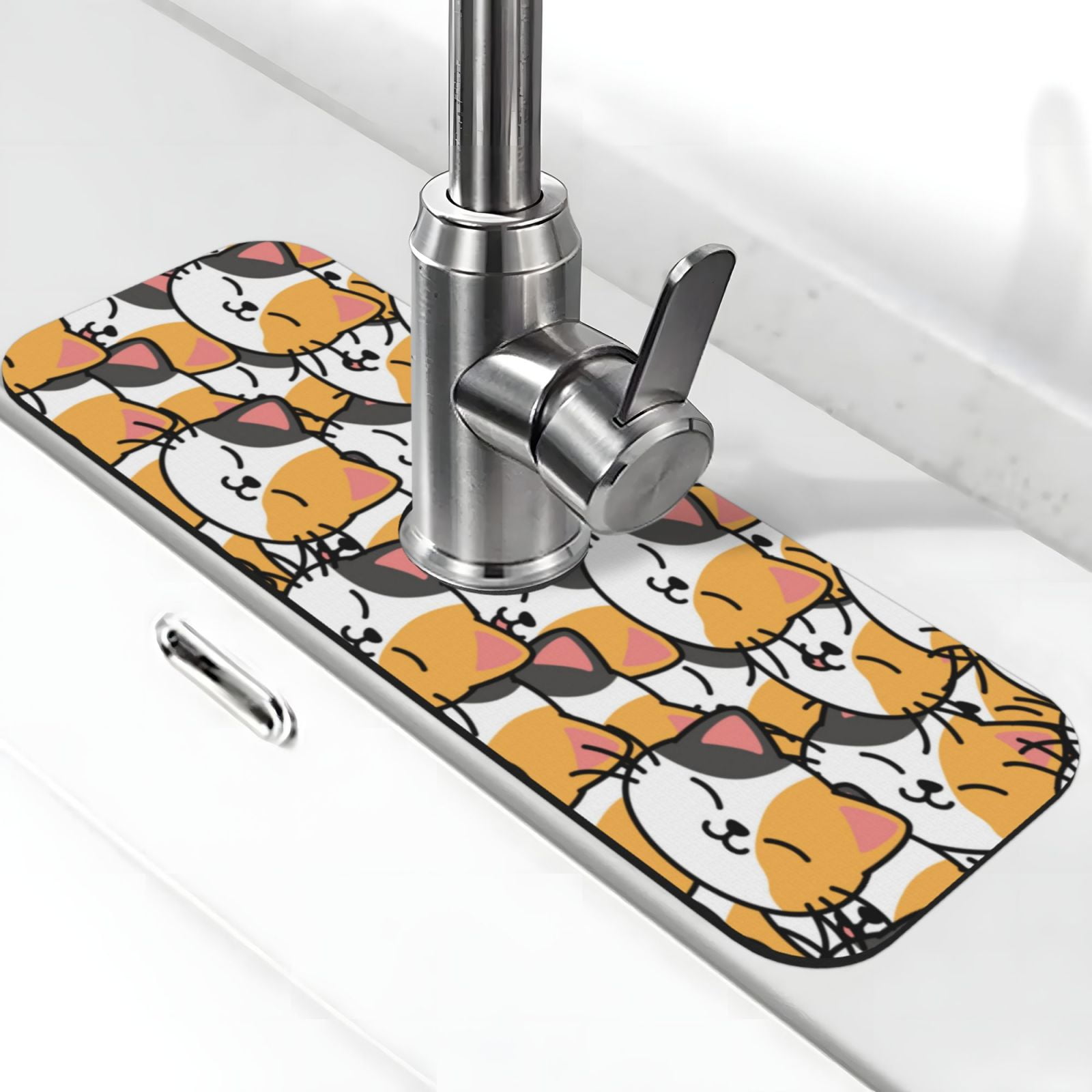 Faucet Mat for Kitchen Sink - Cute Cartoon Smiling Cat Face Absorbent ...