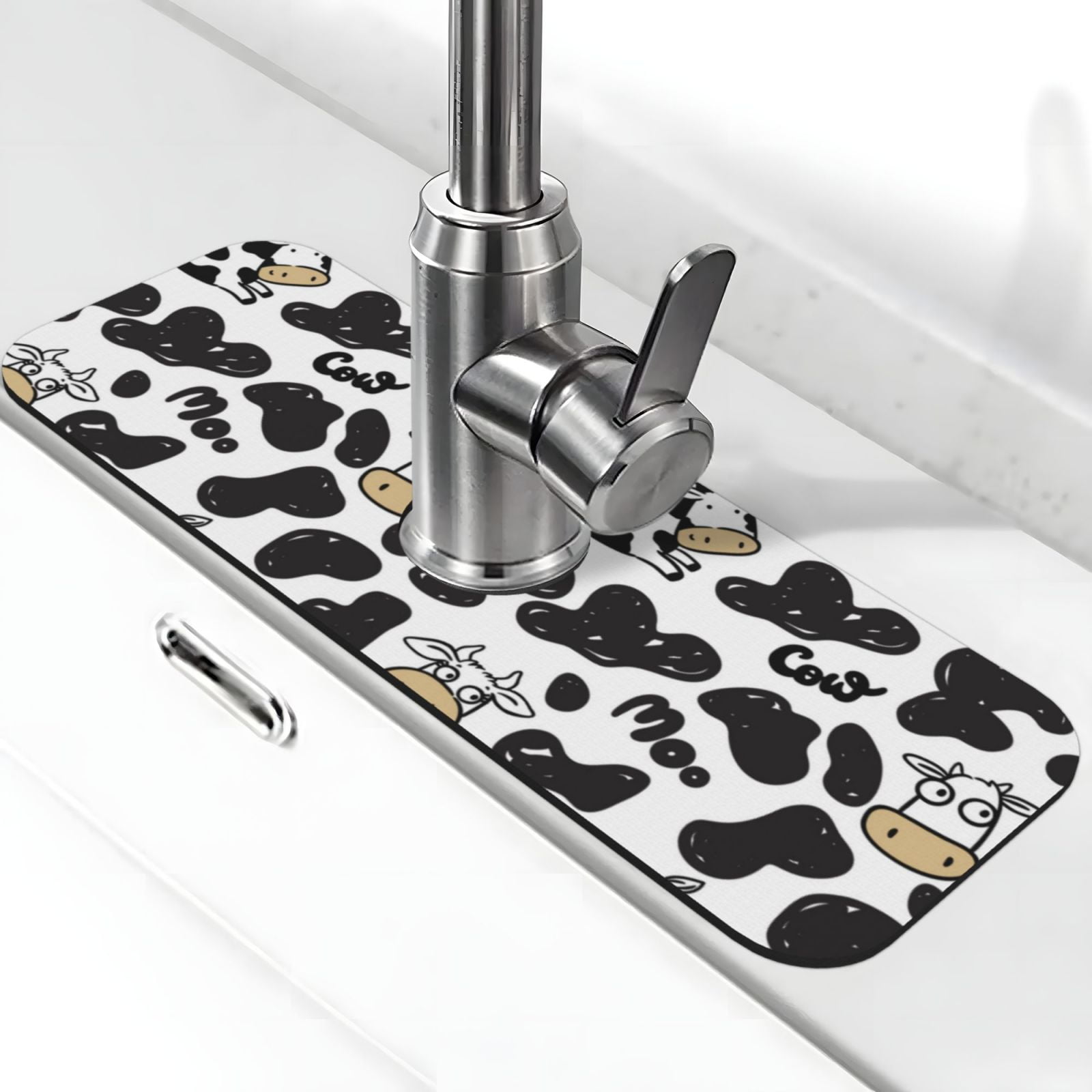 Faucet Mat for Kitchen Sink - Edgy Cartoon Cute Cow Black White Fast ...