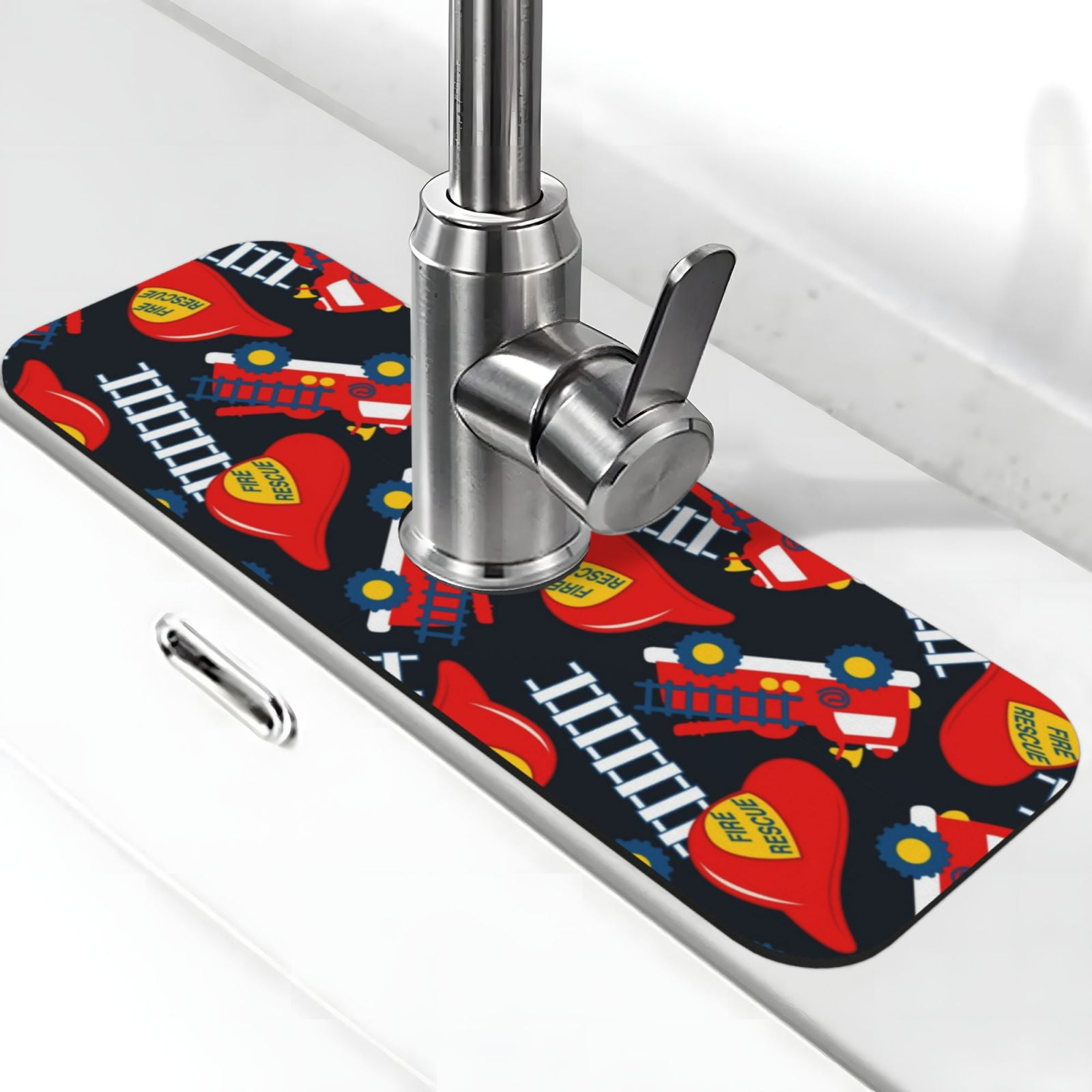 Faucet Mat for Kitchen Sink - Fire Rescue With Red Helmet And Truck ...