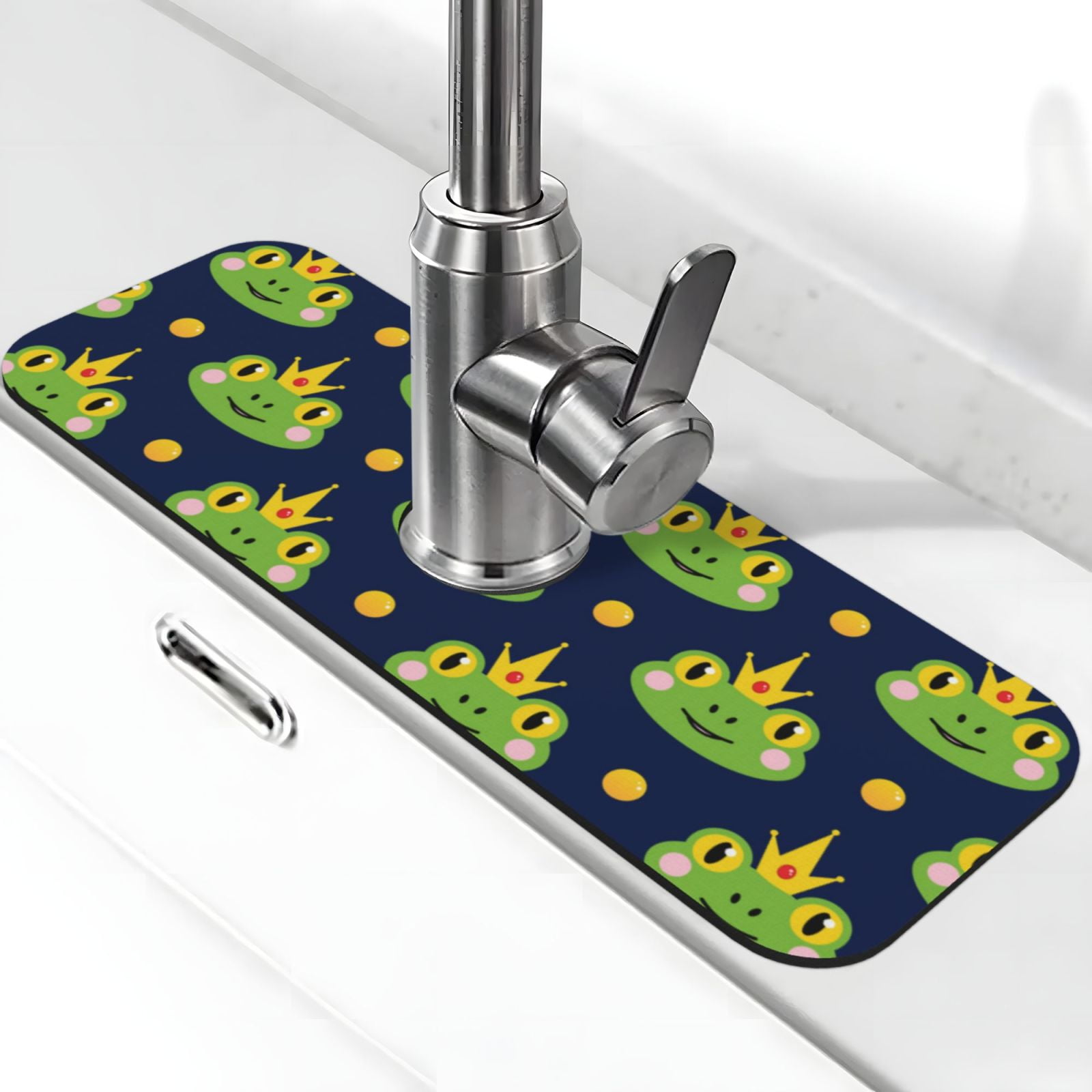Faucet Mat for Kitchen Sink - Frog prince crowns navyblue Fast Drying ...