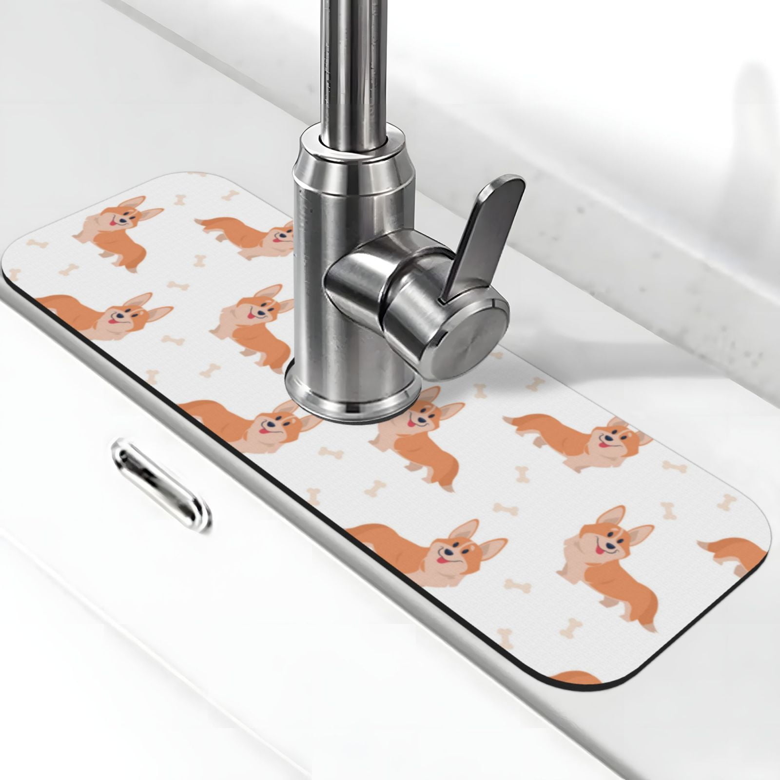 Faucet Mat for Kitchen Sink - Funny Cute Corgi Dog Bones Fast Drying ...