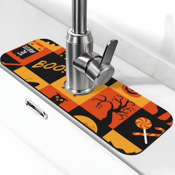 Faucet Mat for Kitchen Sink - Halloween Banner Symbols Fast Drying ...