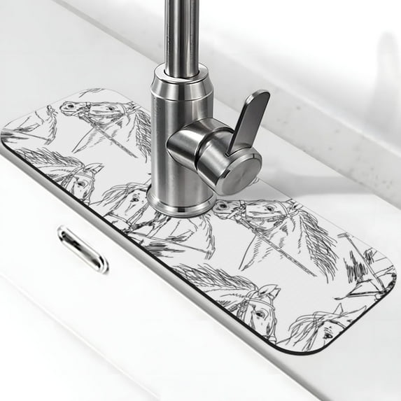 Faucet Mat for Kitchen Sink - Hand Drawn Line Cute Horse Fast Drying ...