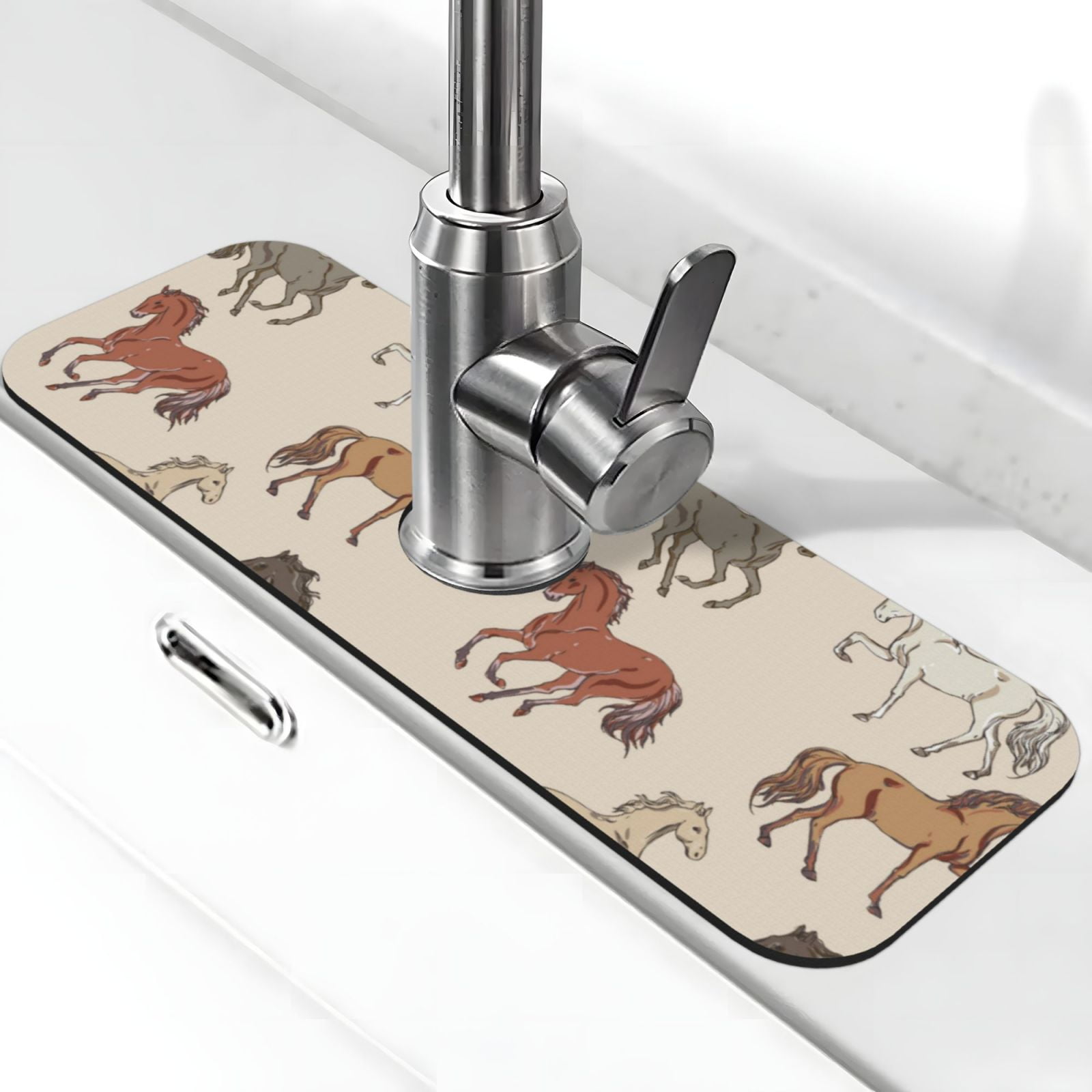 Faucet Mat for Kitchen Sink - Hand Drawn Modern Cool Horse Absorbent ...