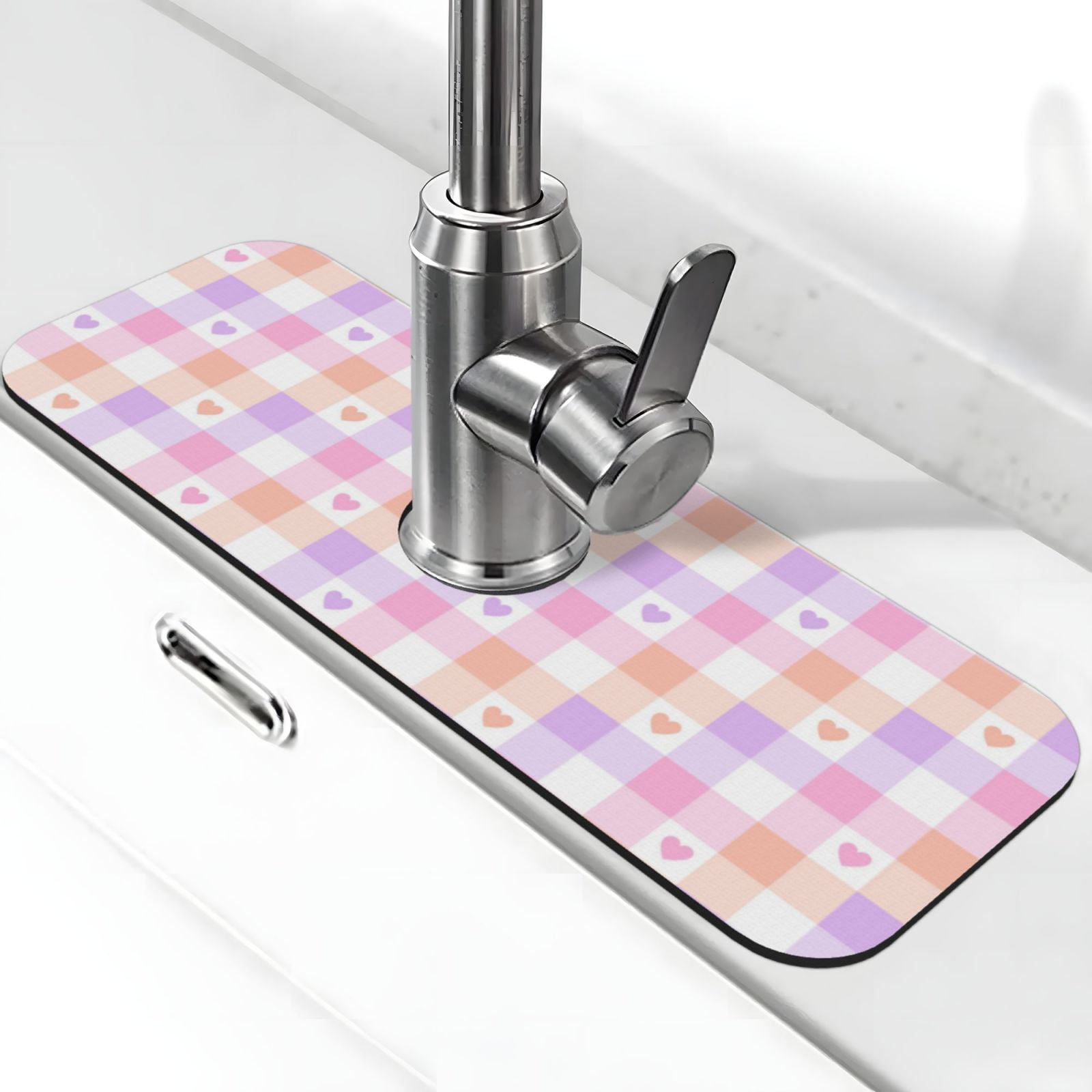Faucet Mat for Kitchen Sink - Heart Buffalo Plaid Fast Drying Absorbent ...