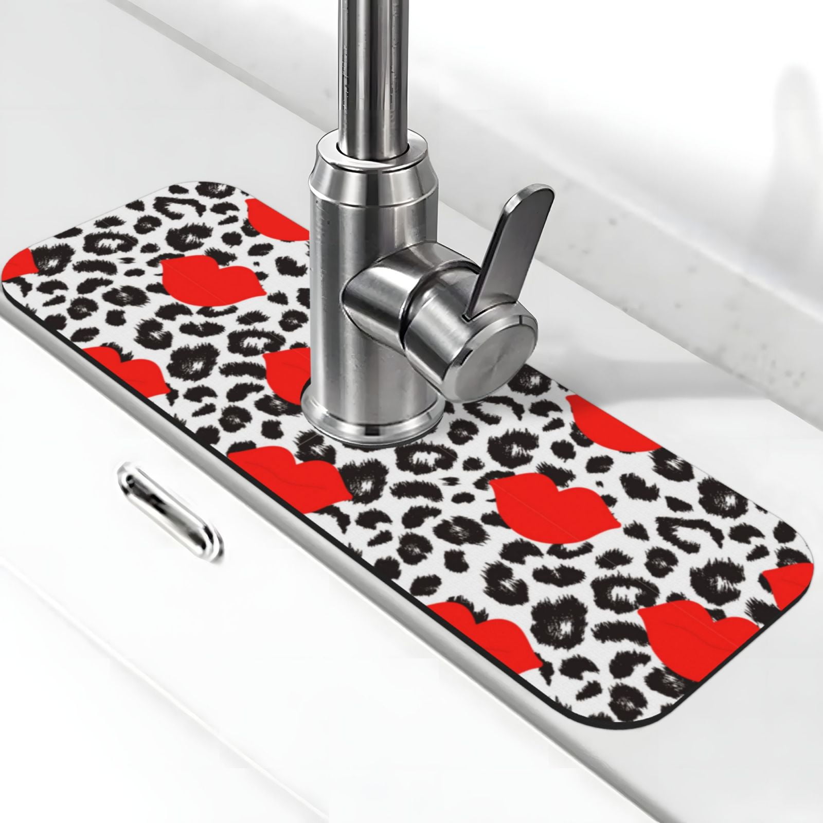 Faucet Mat for Kitchen Sink - Leopard red lips Absorbent Fast Drying ...