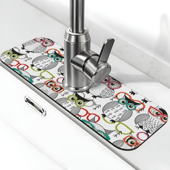 Faucet Mat for Kitchen Sink - Owl with Glasses Fast Drying Absorbent ...
