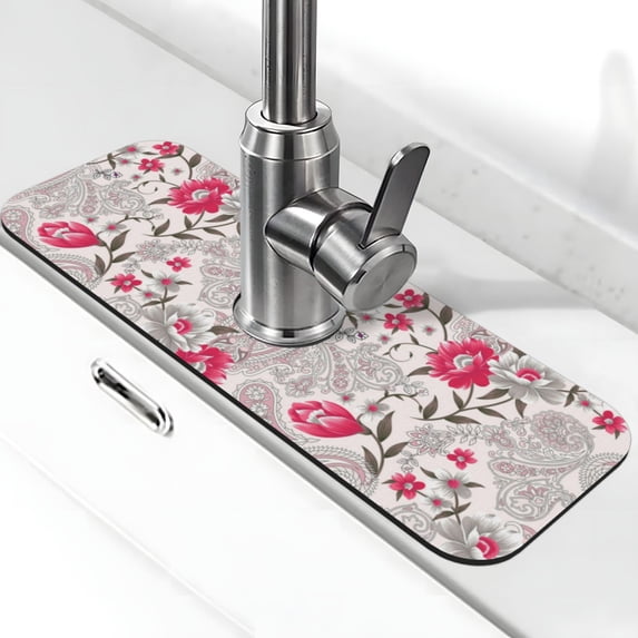 Faucet Mat for Kitchen Sink - Red White Flowers Paisley Fast Drying ...