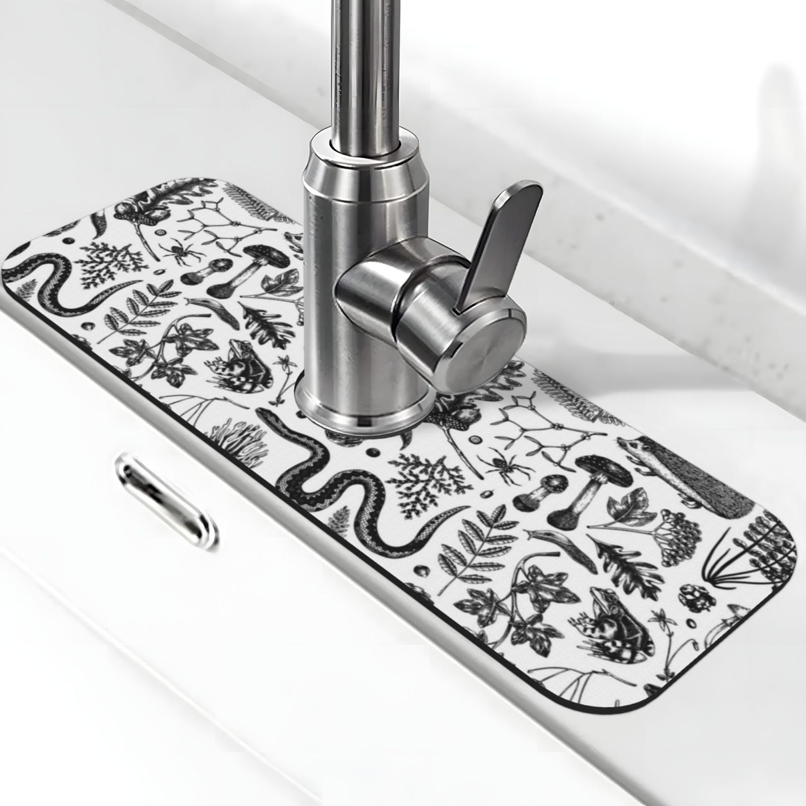 Faucet Mat for Kitchen Sink - Sketch Snake Mushroom Hedgehog Fast ...