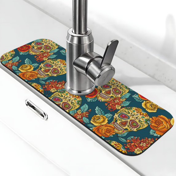 Faucet Mat for Kitchen Sink - Skull And Flowers Fast Drying Absorbent ...