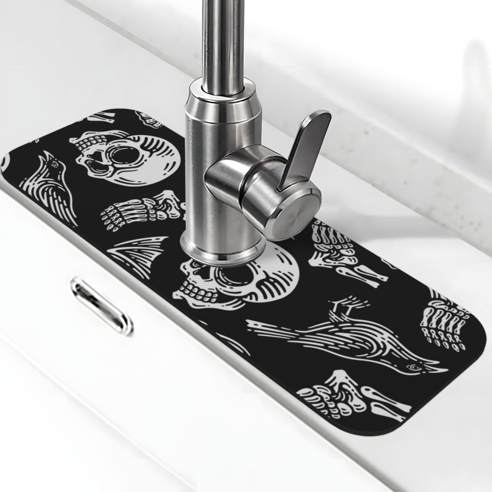 Faucet Mat for Kitchen Sink, Skull bird bat spider Cute Absorbent Fast ...