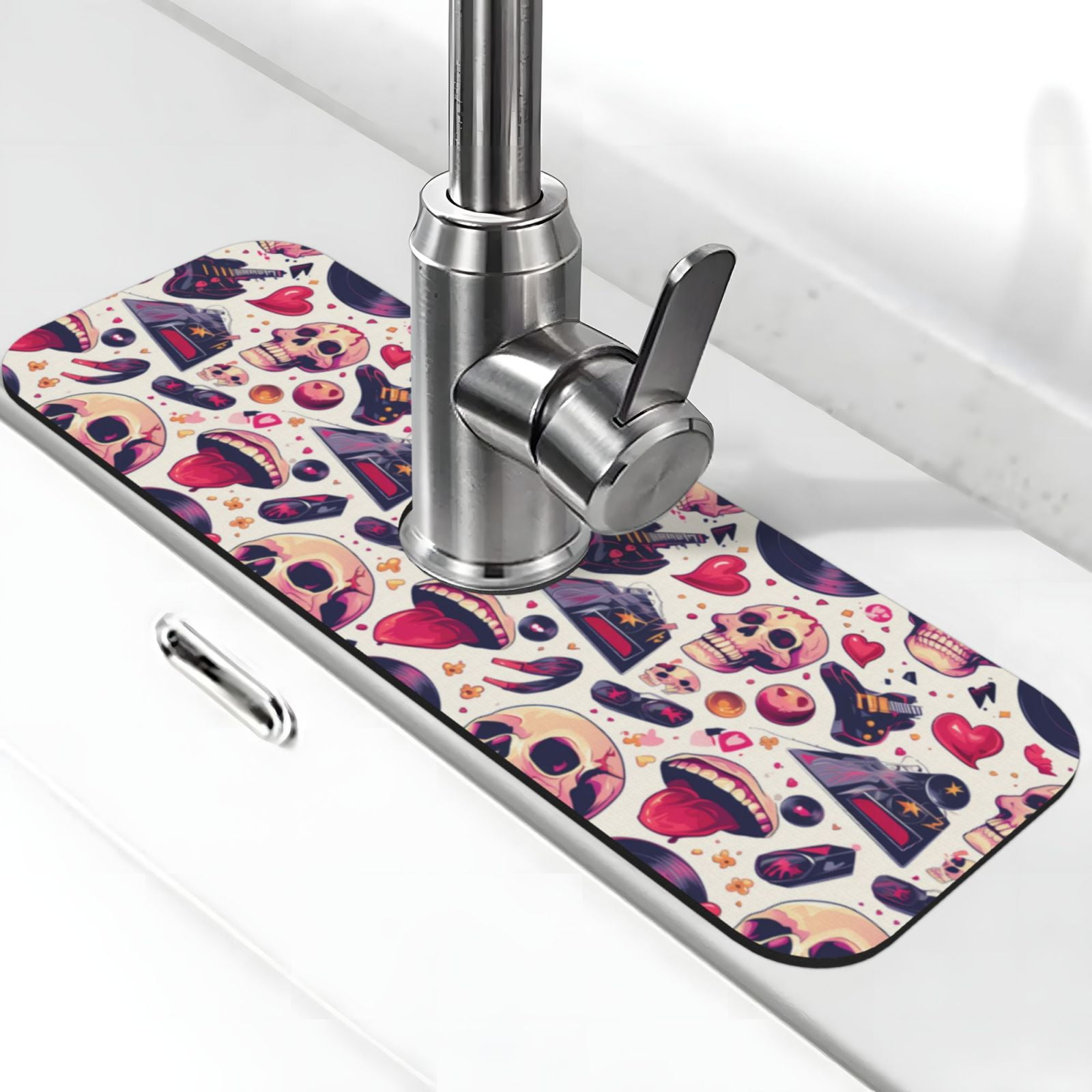 Faucet Mat for Kitchen Sink, Skull lips record Guitar Cute Absorbent ...