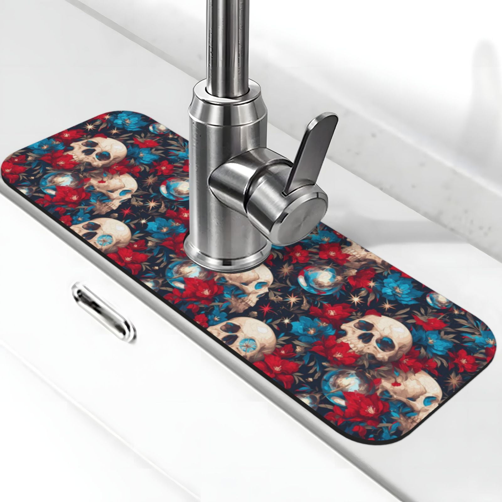 Faucet Mat for Kitchen Sink - Skull red flower blue Fast Drying ...