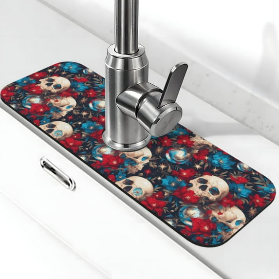 Faucet Mat for Kitchen Sink - Skull red flower blue Fast Drying ...