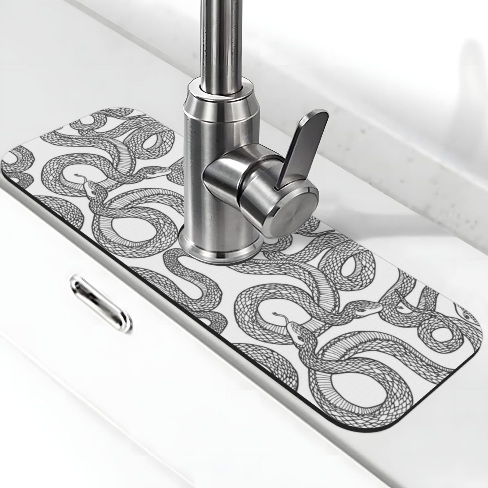 Faucet Mat for Kitchen Sink Splash Guard Simple Black Lines Cute Snake ...