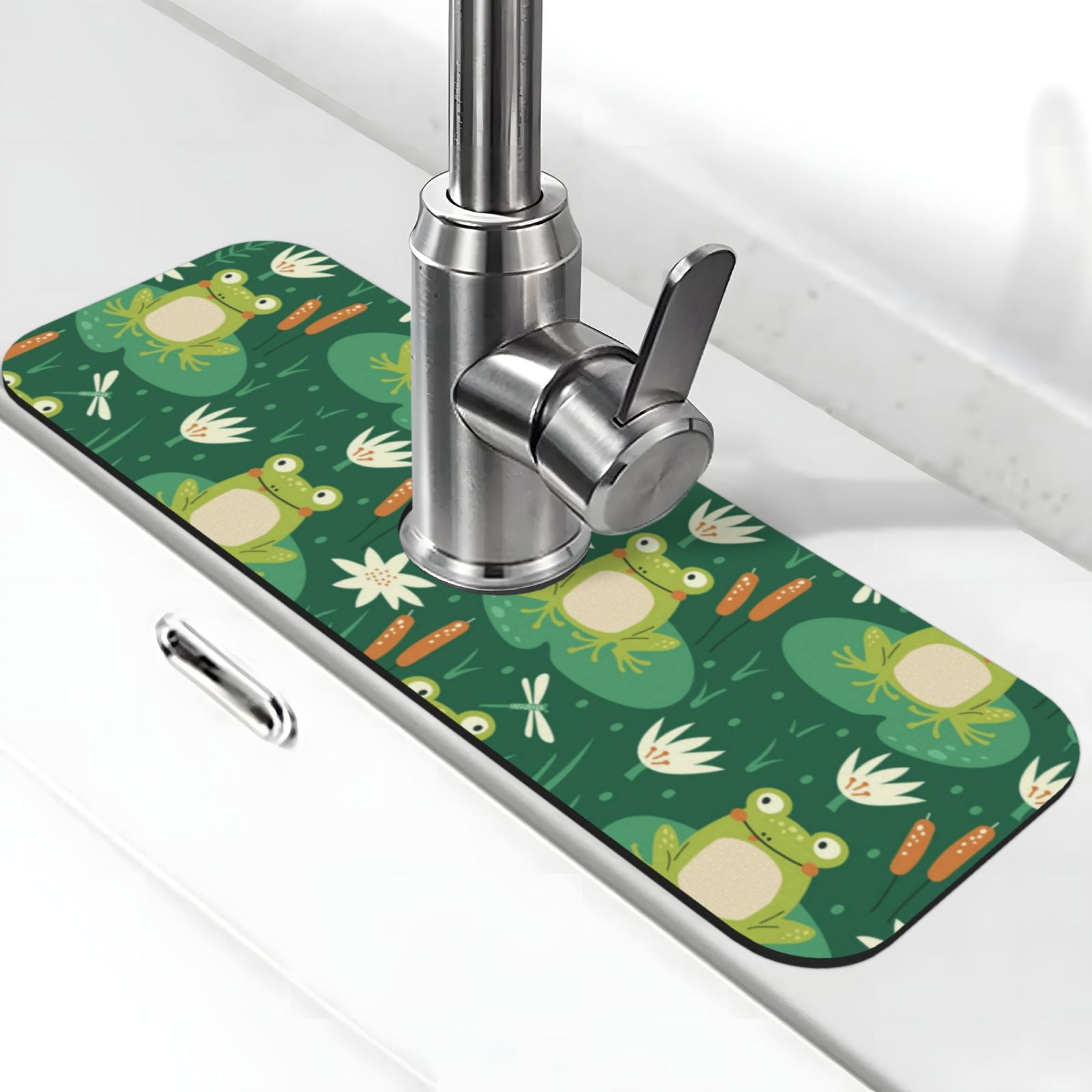 Faucet Mat for Kitchen Sink Splash Guard cute frogs dragonfly flower ...