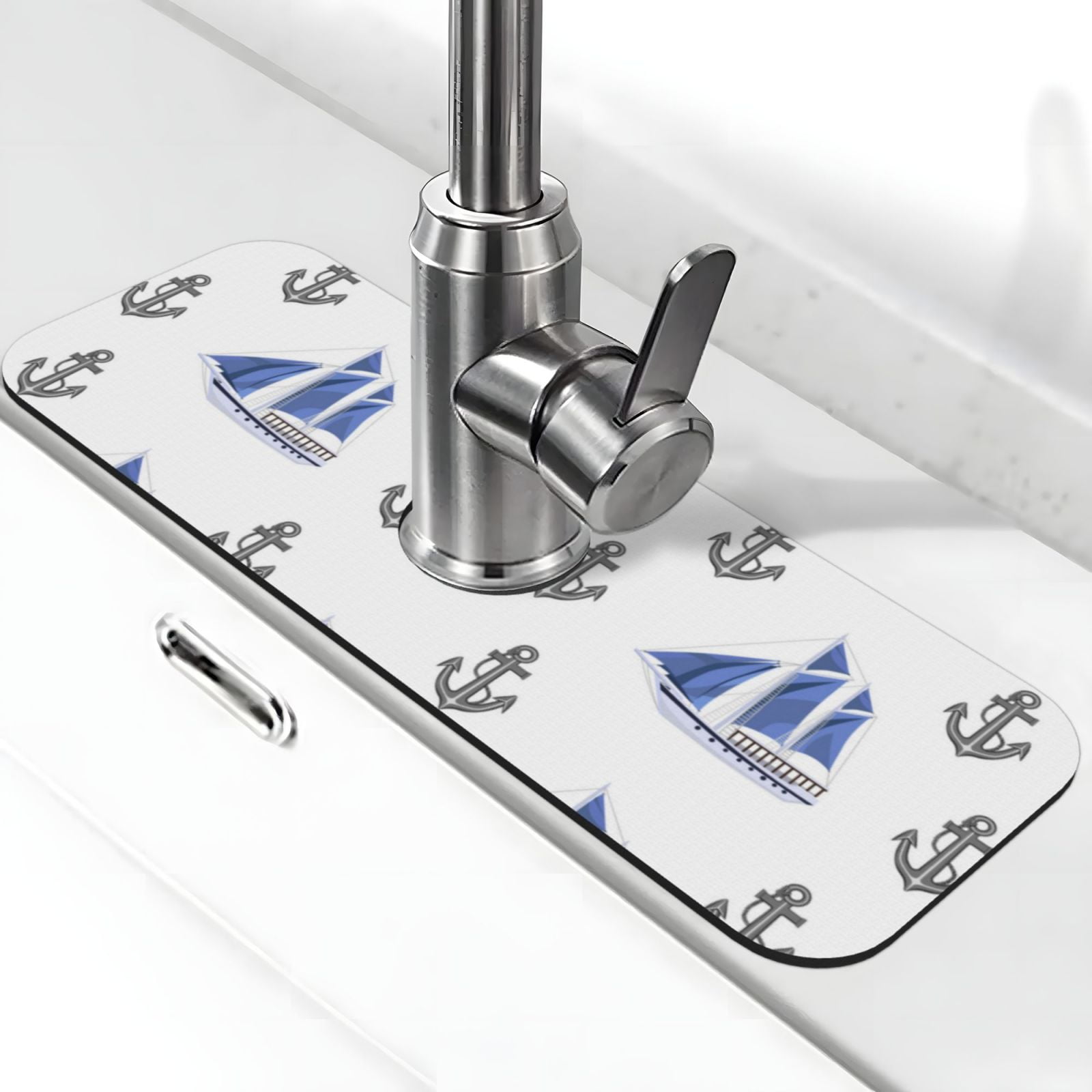 Faucet Mat for Kitchen Sink Splash Guard ship blue sails anchors white ...