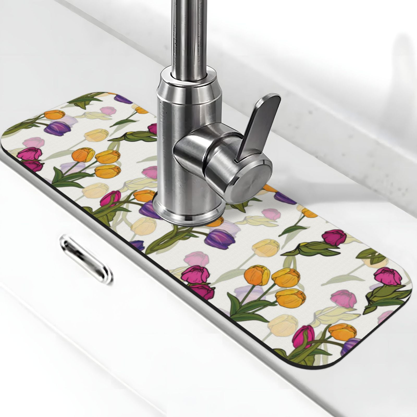 Faucet Mat for Kitchen Sink, Tulips Flowers Yellow Purple Cute ...