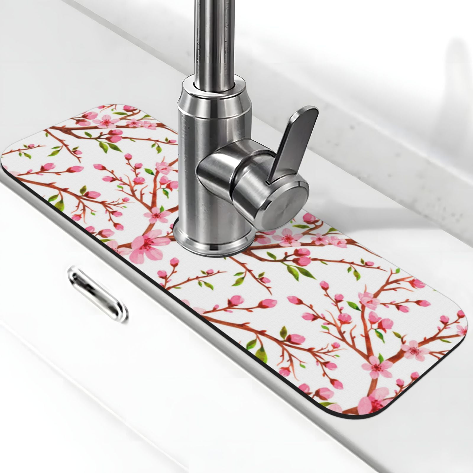 Faucet Mat for Kitchen Sink - Watercolor berry blossom white Fast ...