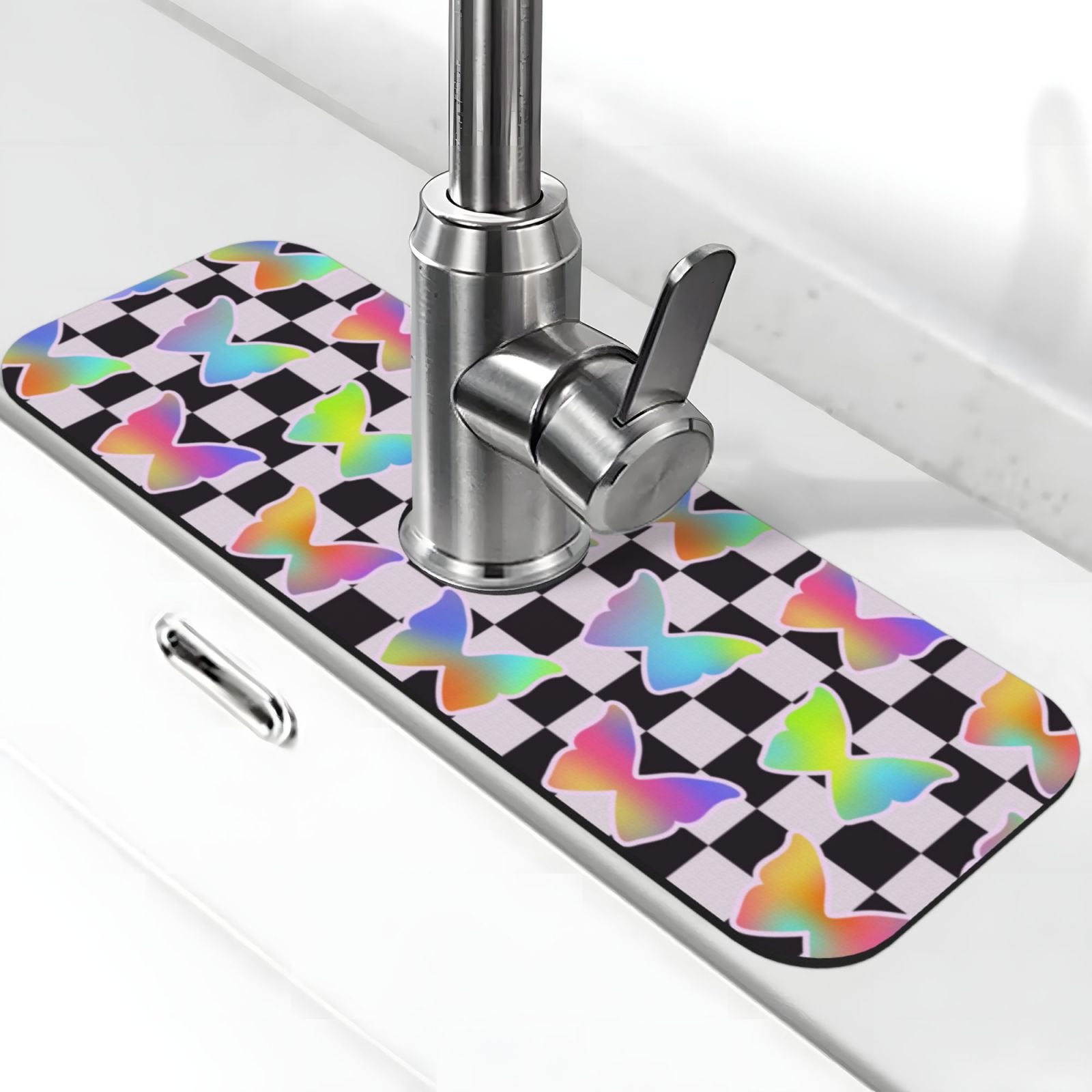 Faucet Mat for Kitchen Sink - Y2K aesthetic grid butterfly Absorbent ...