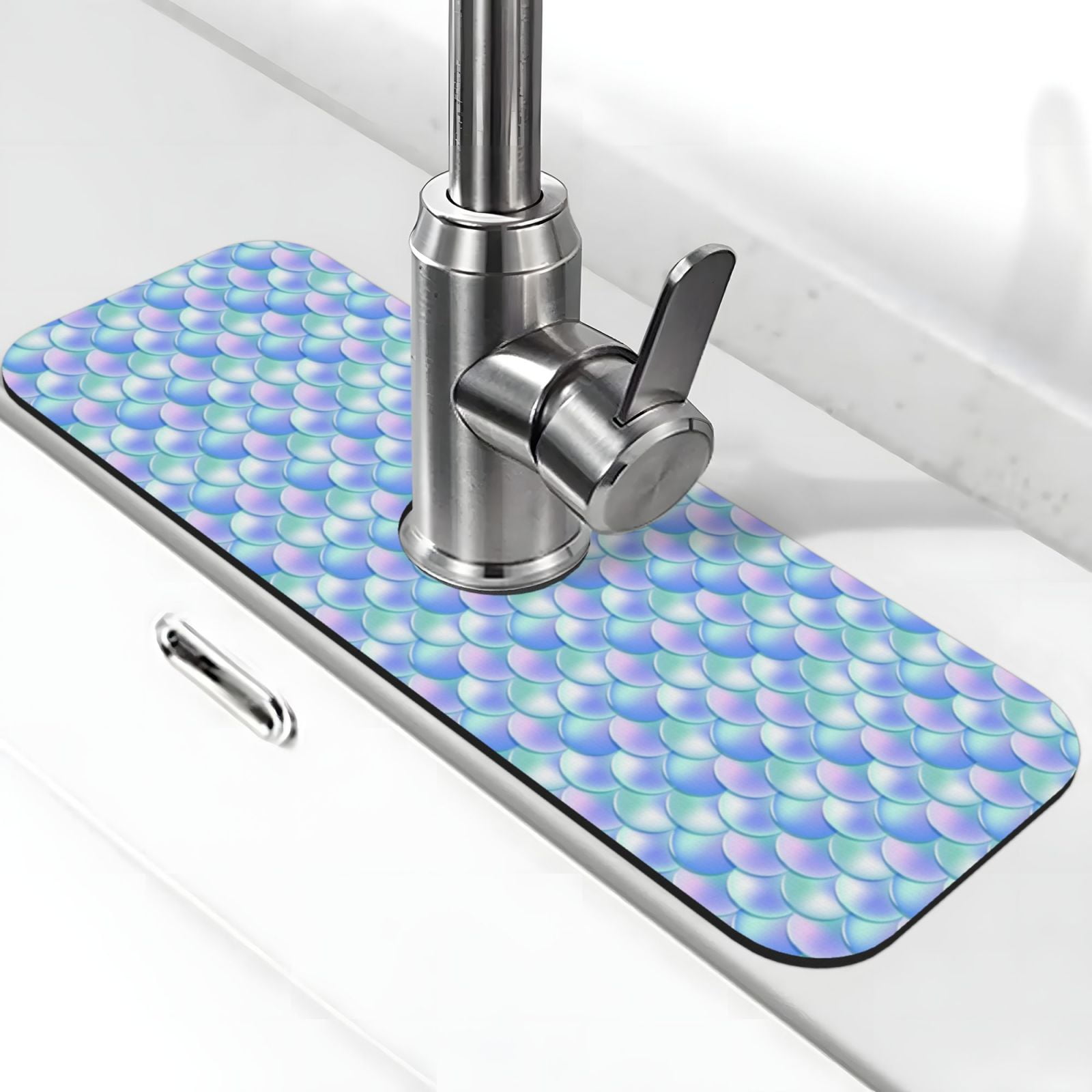 Faucet Mat for Kitchen Sink, blue green pink fish scale Cute Absorbent ...