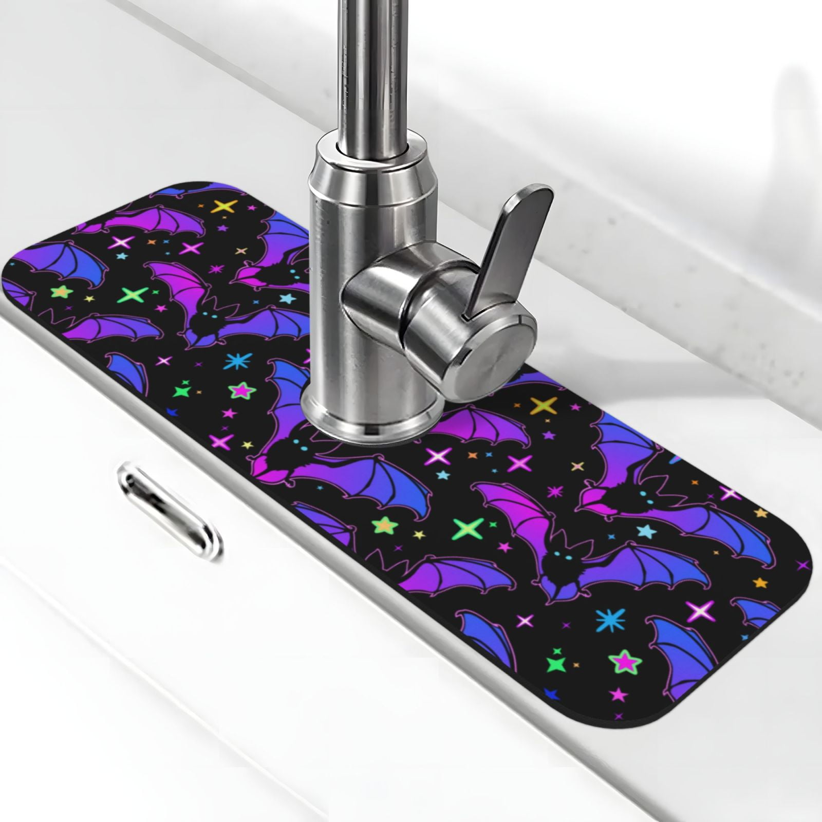 Faucet Mat for Kitchen Sink - colorful halloween bat Fast Drying ...