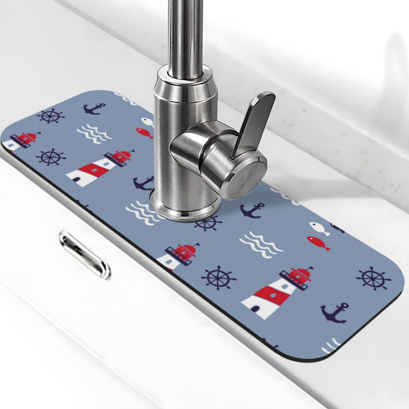 Faucet Mat for Kitchen Sink - retro lighthouses anchor fish cute ...