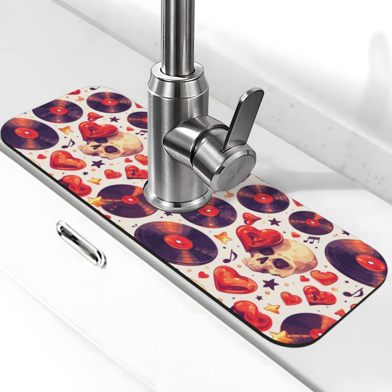 Faucet Mat for Kitchen Sink - rock Skull record heart Absorbent Fast ...