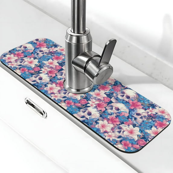 Faucet Mat for Kitchen Sink - white flower Skull blue Fast Drying ...