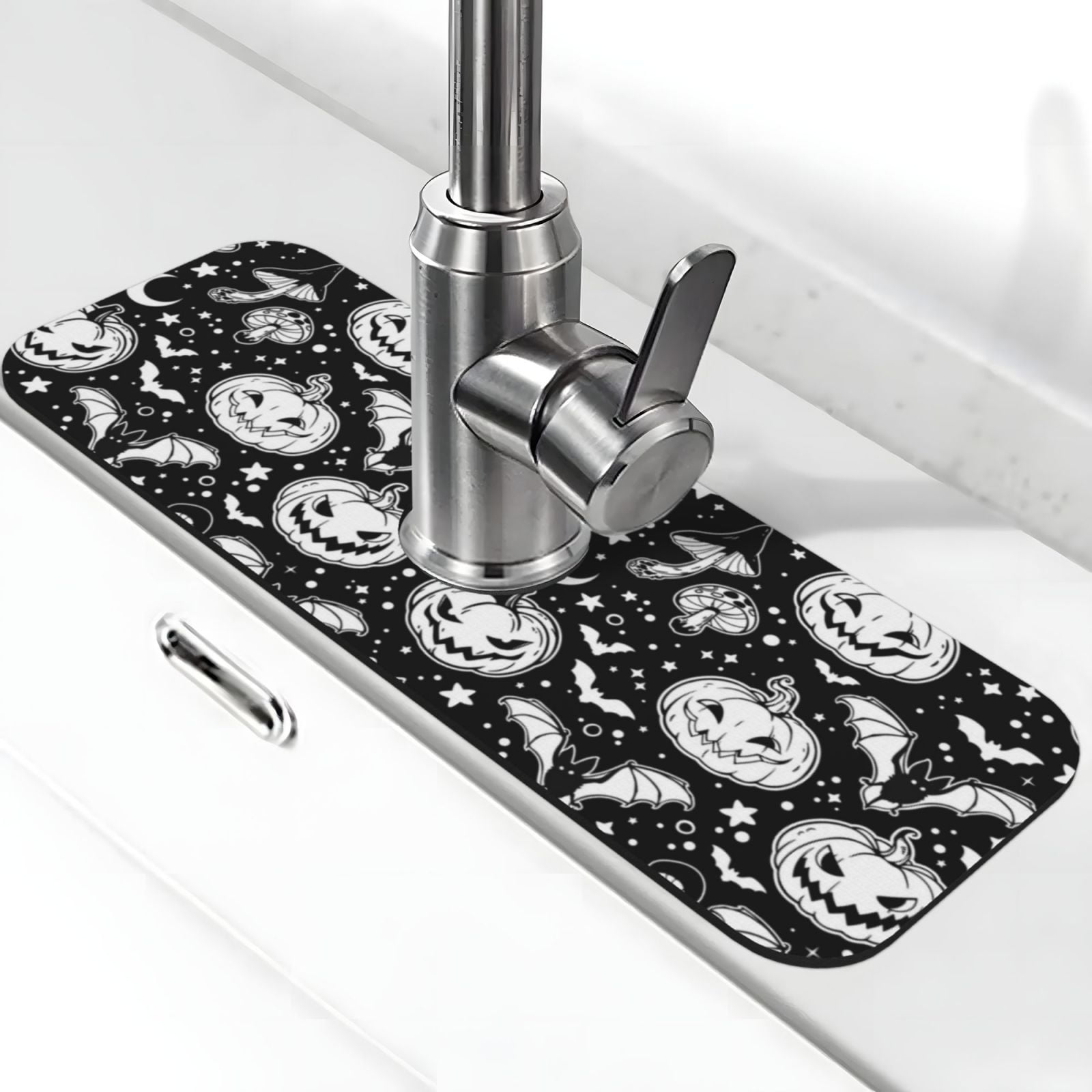 Faucet Mat for Kitchen Sink - white halloween pumpkin bat Fast Drying ...