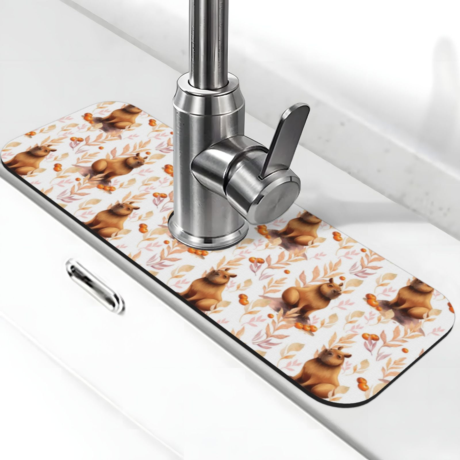 Faucet Mat for Kitchen Sink Splash Guard Capybara Orange Leaf Absorbent ...