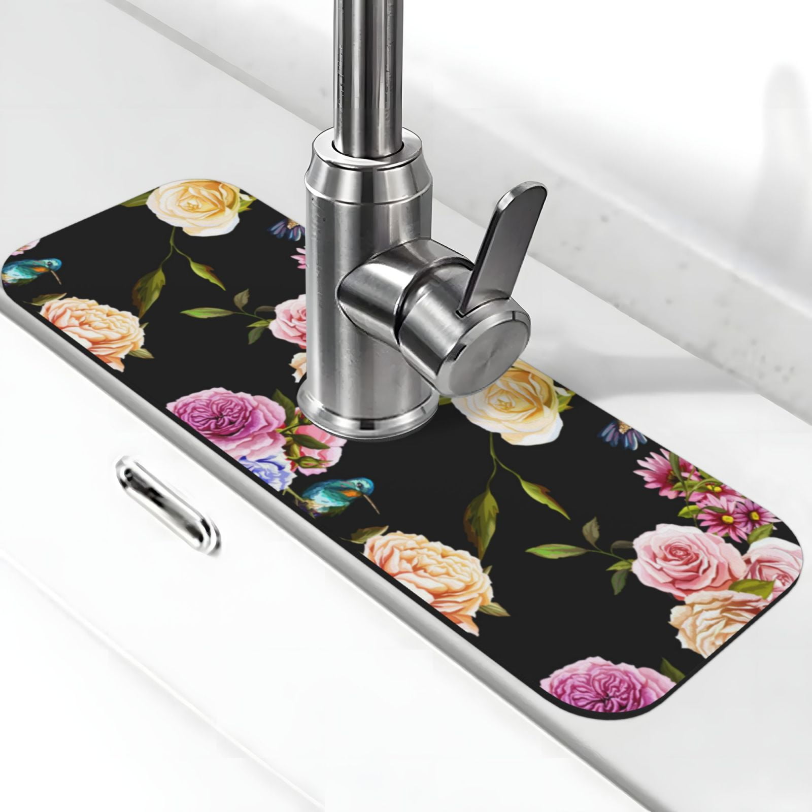 Faucet Mat for Kitchen Sink Splash Guard Carnation Hummingbird Black ...