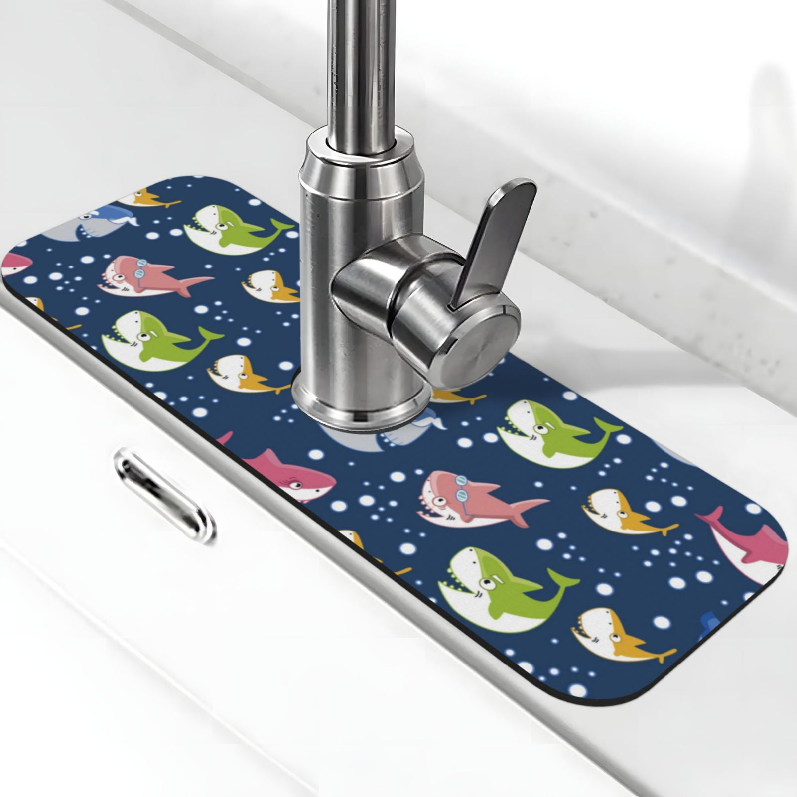 Faucet Mat for Kitchen Sink Splash Guard Colorful cartoon shark ...