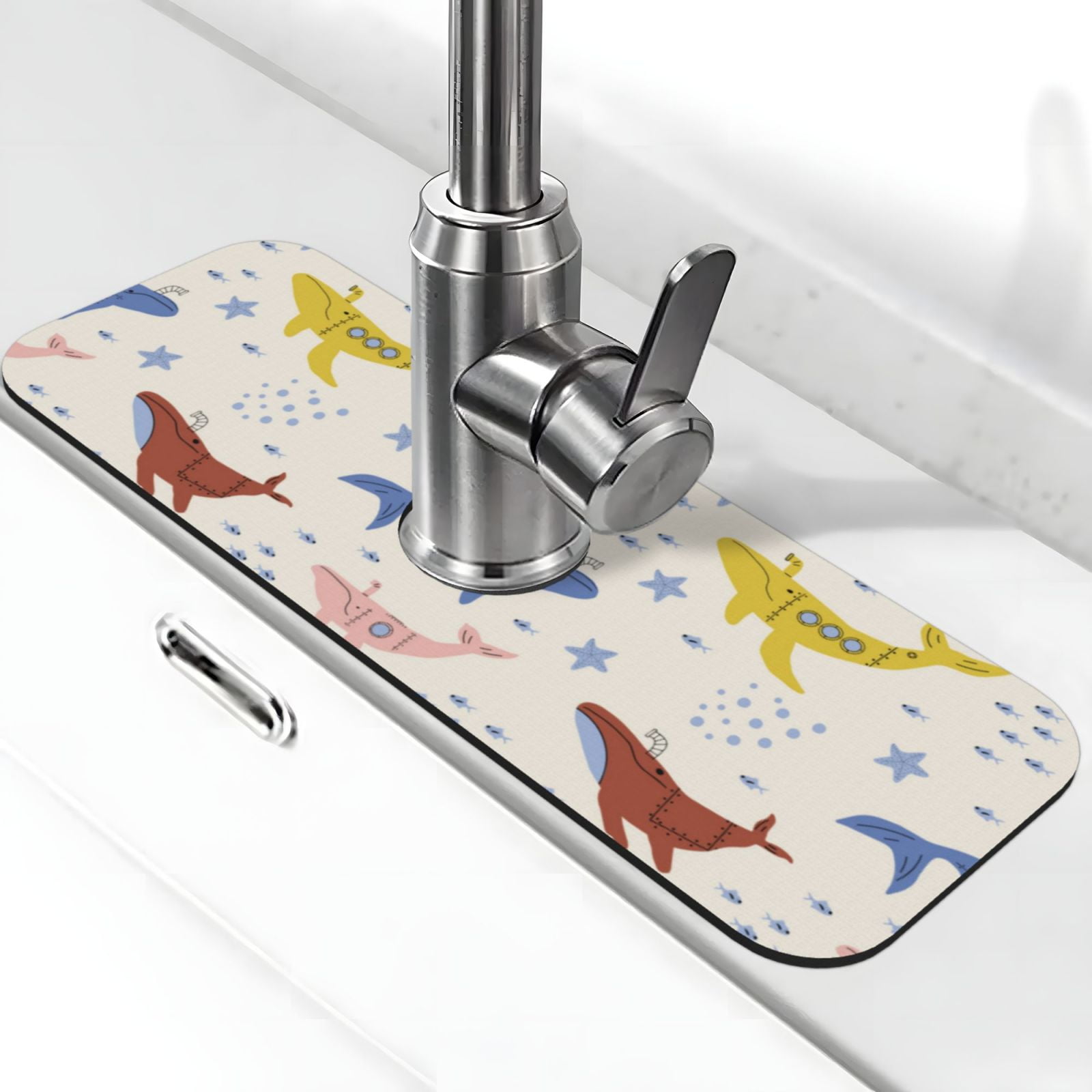 Faucet Mat for Kitchen Sink Splash Guard Cute cartoon Whales Absorbent ...