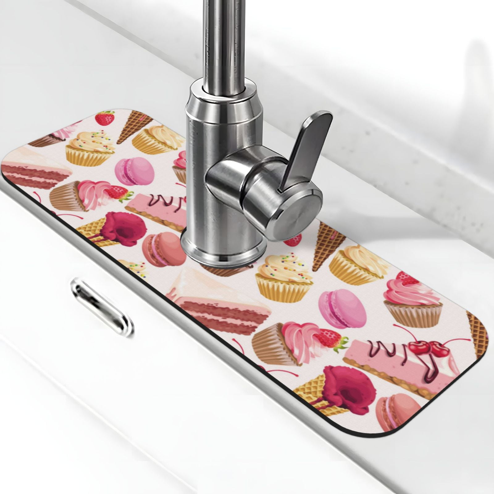 Faucet Mat for Kitchen Sink Splash Guard Ice Cream Cake Print Pink ...