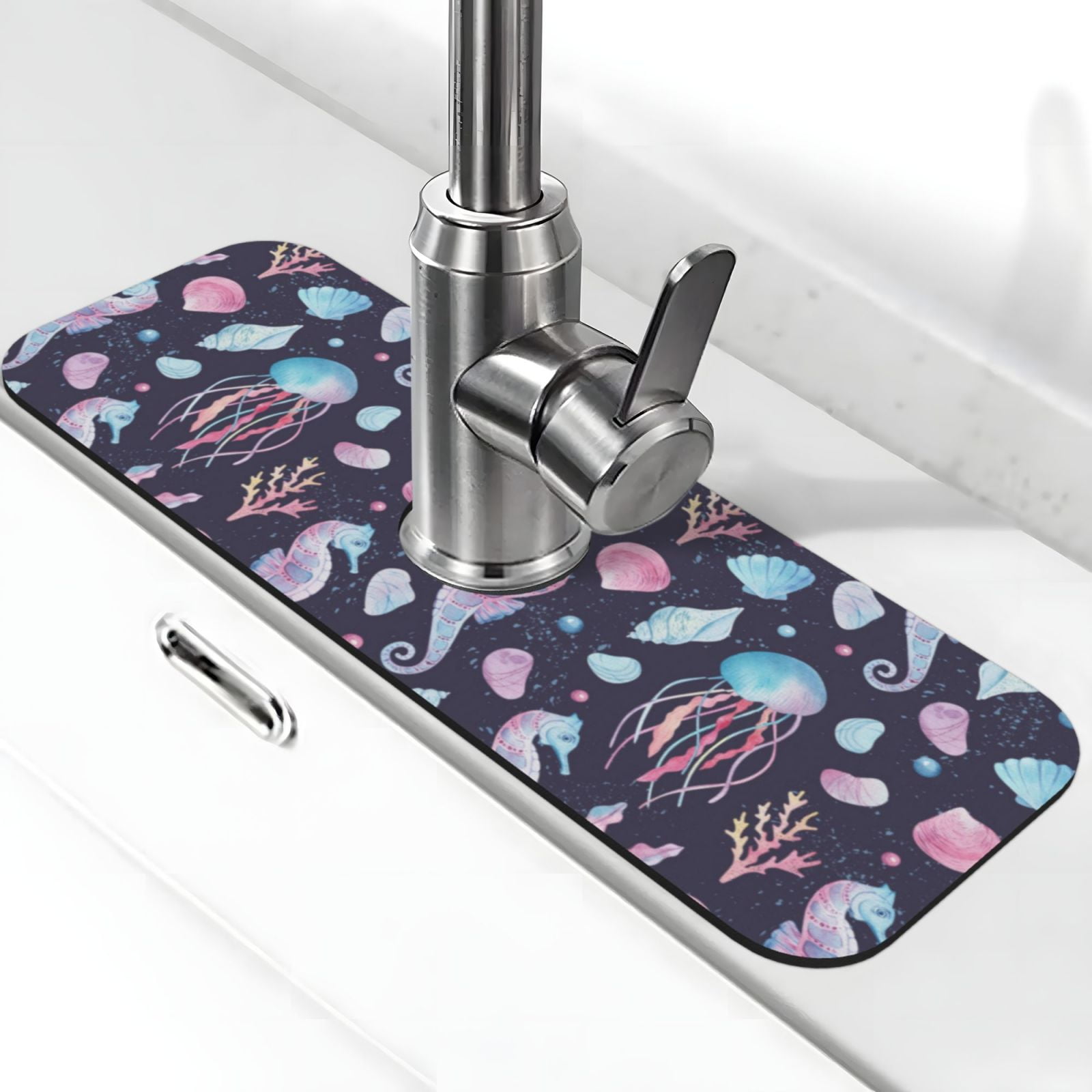 Faucet Mat for Kitchen Sink Splash Guard Watercolor Marine Animals ...
